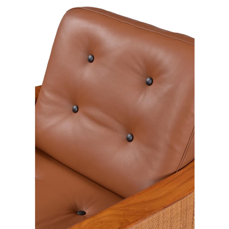 Tufted Leather Balinese Style Danish Modern Solid Teak and Cane Lounge ...