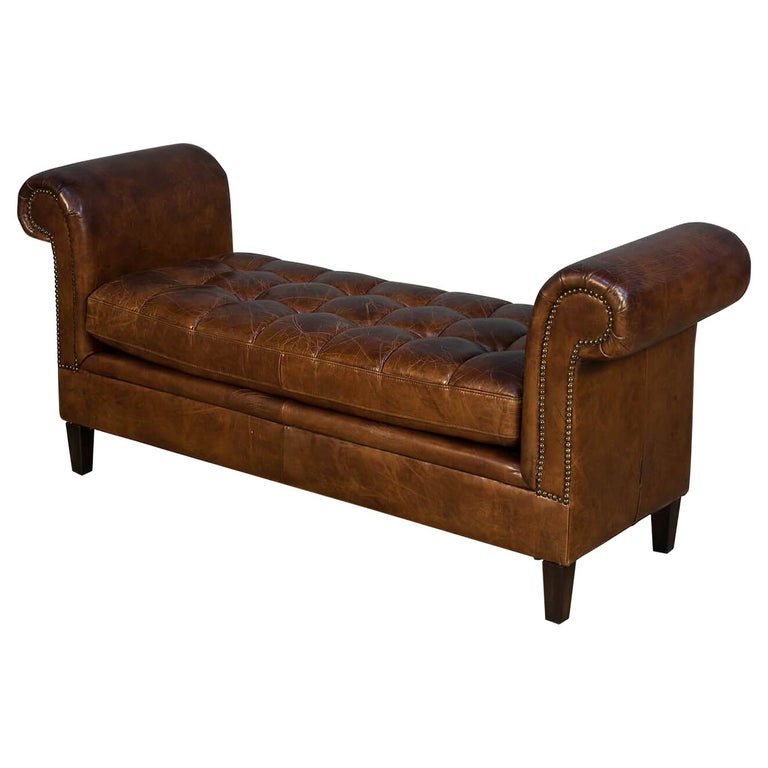 Tufted Leather Scroll Arm Window Bench For Sale at 1stDibs