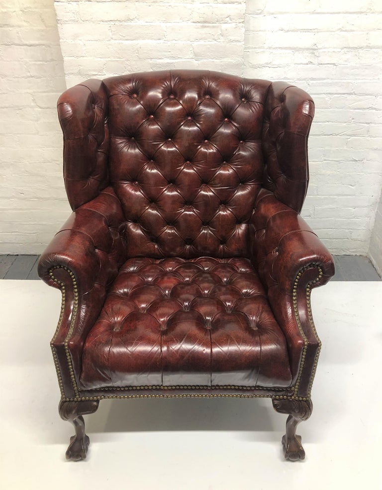 Tufted Leather Wingback Chair with Matching Ottoman at 1stDibs