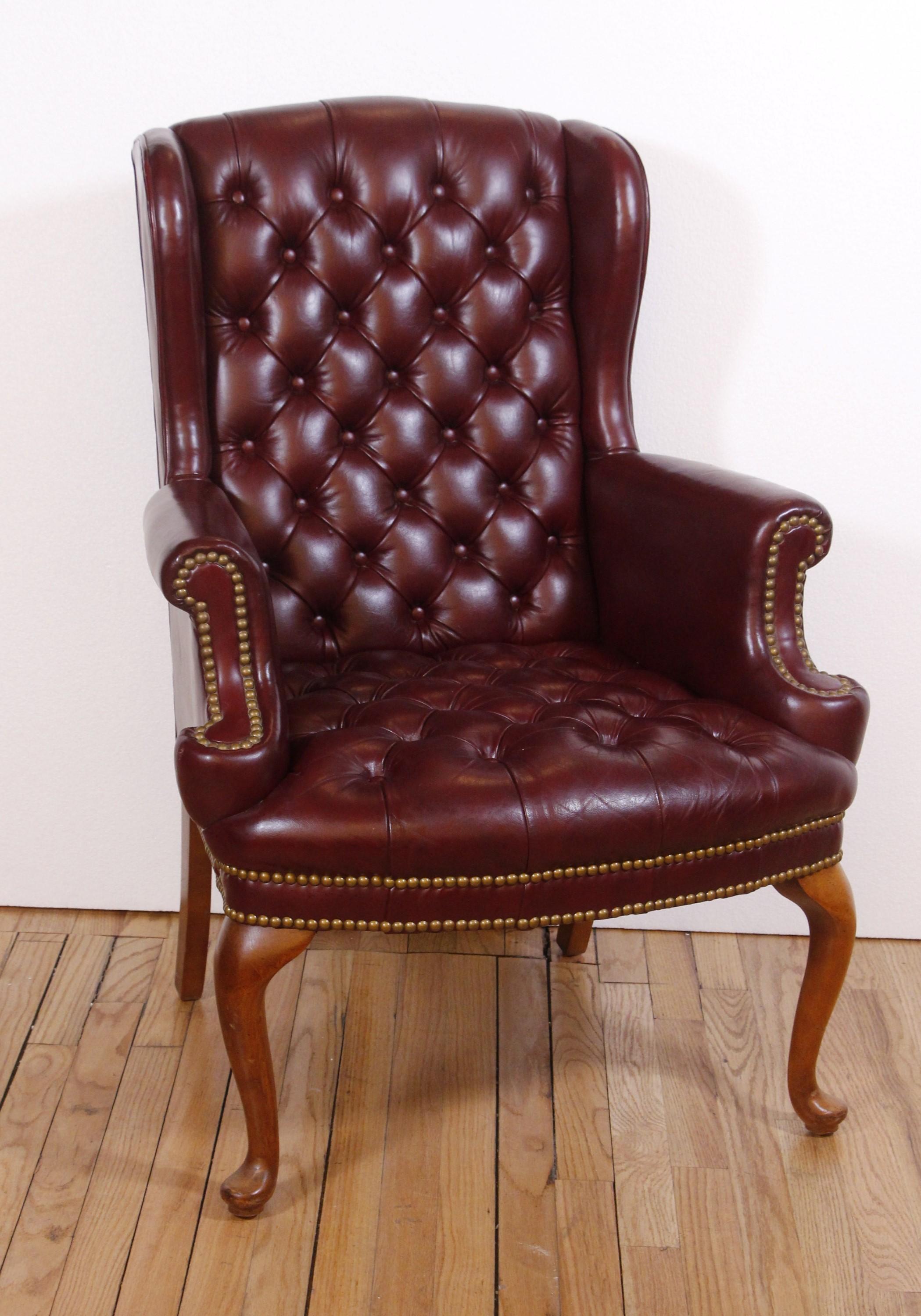 Tufted Red Leather Wing Back Chair W/ Studded Arms and Seat For Sale at ...