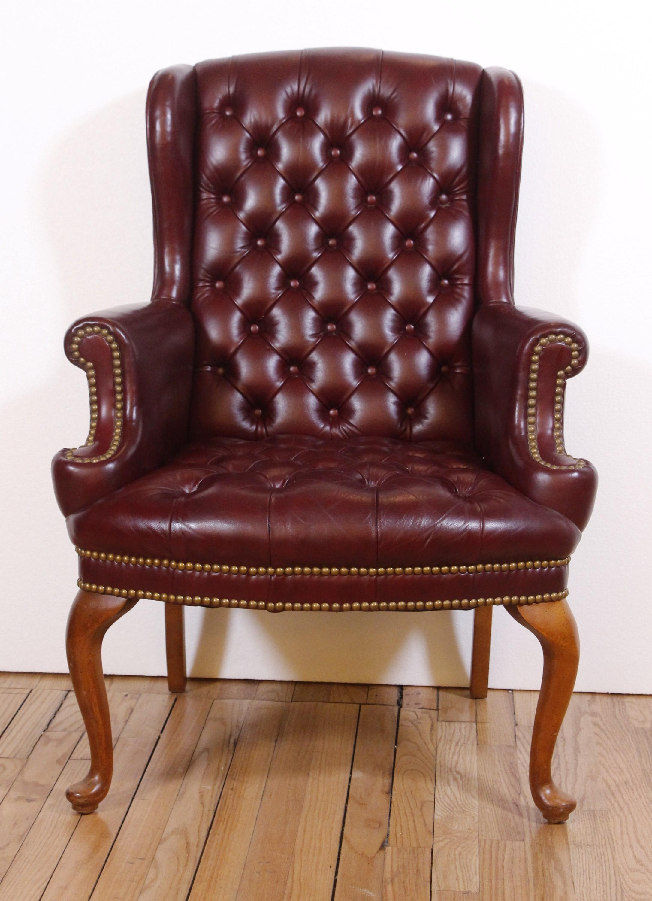 Tufted Red Leather Wing Back Chair W/ Studded Arms and Seat For Sale at ...