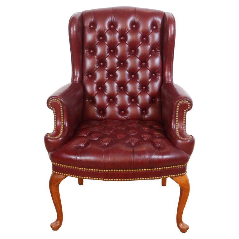 Tufted Red Leather Wing Back Chair W/ Studded Arms and Seat For Sale at ...