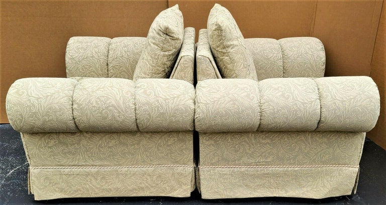 Tufted Roll Arm Damask Lounge Club Chairs by Barclay For Sale at 1stDibs
