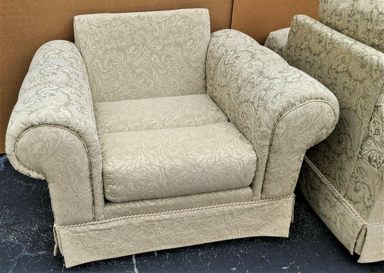 Tufted Roll Arm Damask Lounge Club Chairs by Barclay For Sale at 1stDibs