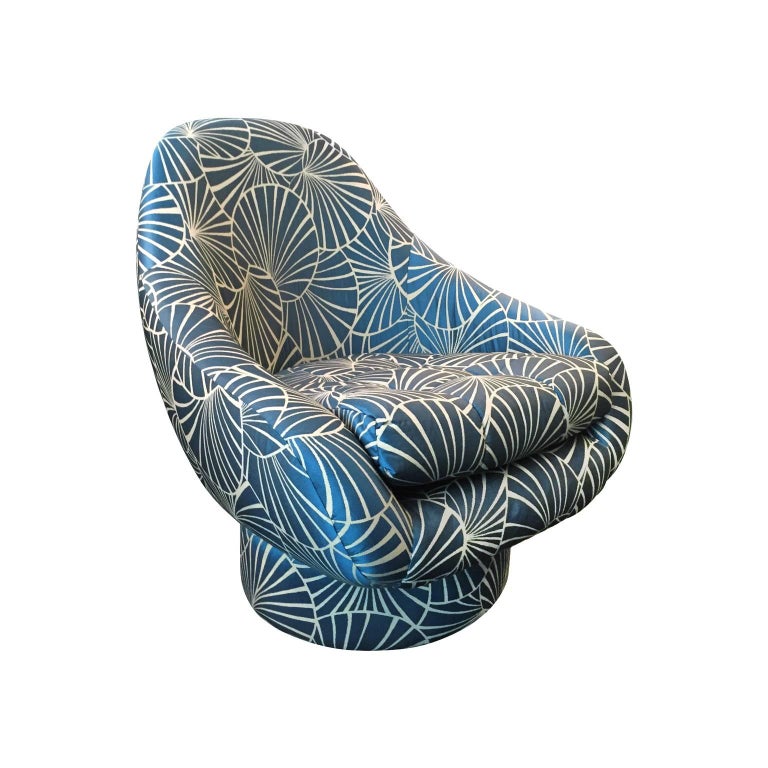 Tufted Swivel Chair in Blue Frond Upholstery by Steve Chase at 1stDibs