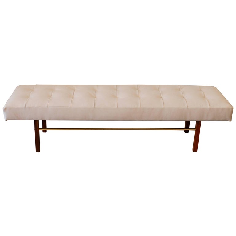 Tufted White Leather and Walnut and Brass Bench at 1stDibs