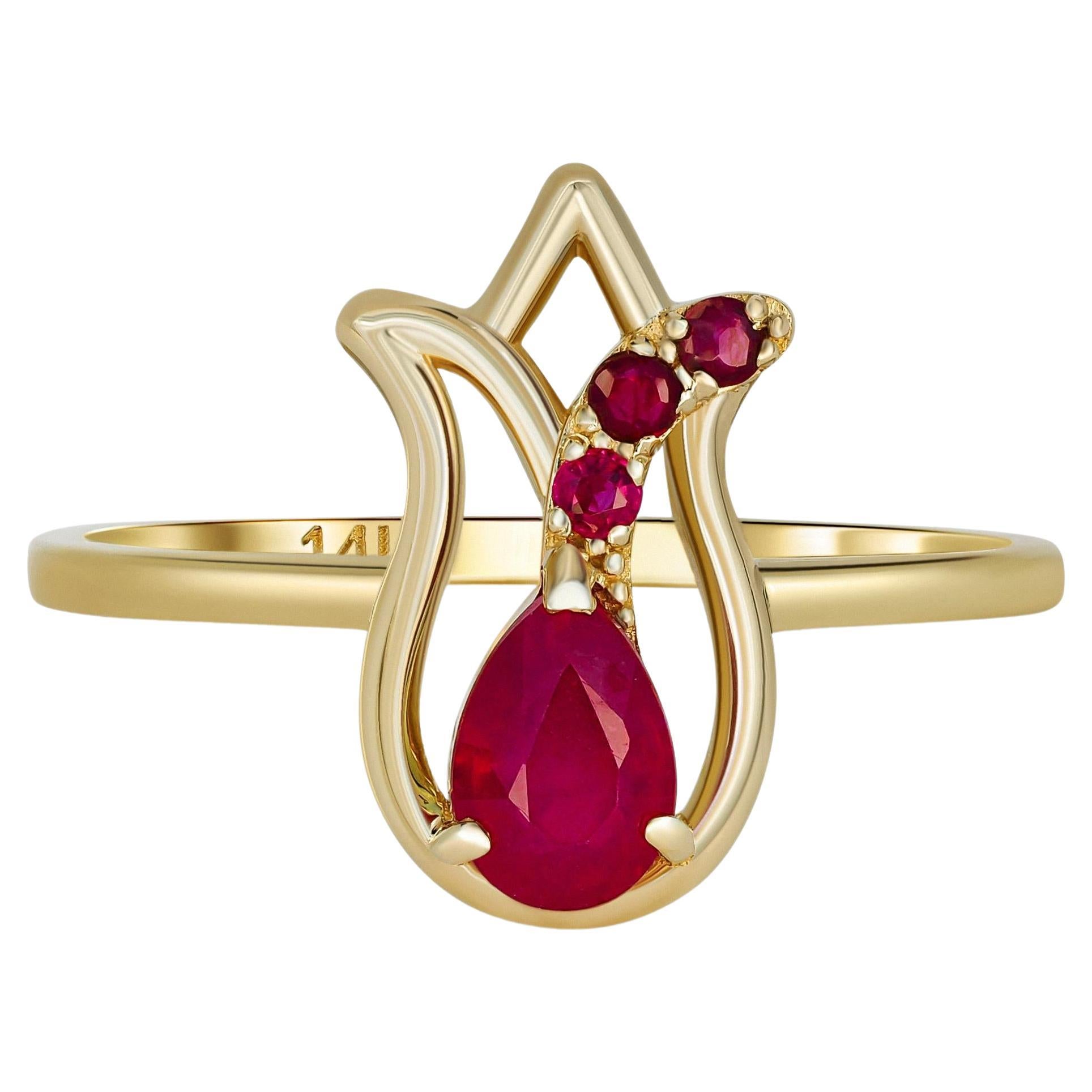 Tulip Ring with ruby in 14k gold For Sale at 1stDibs