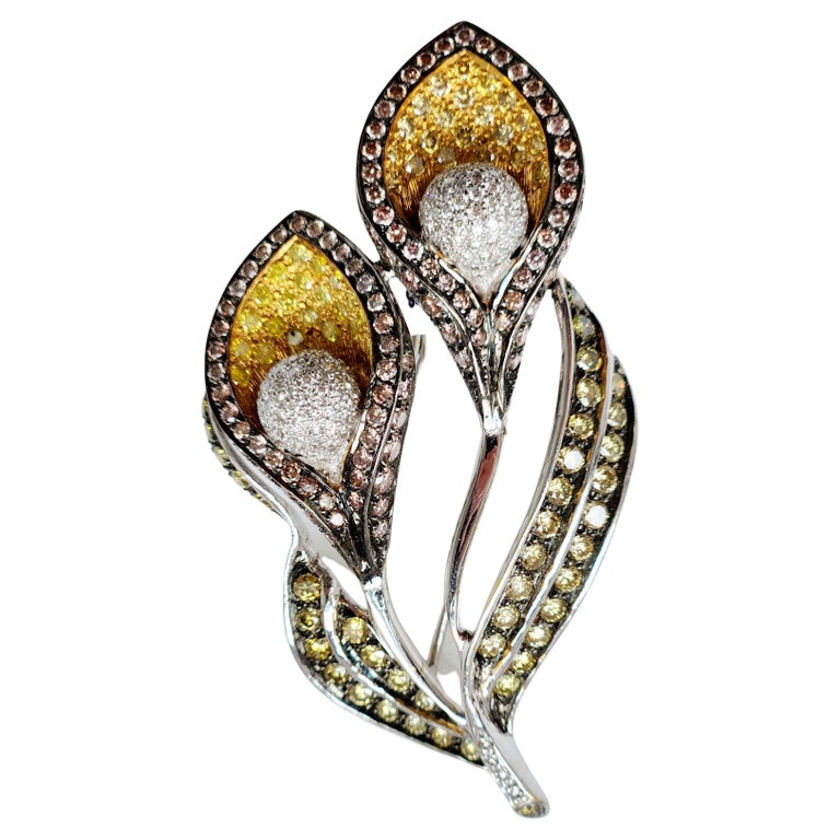 Tulip Shaped Multicolor Diamond Brooch Pendent For Sale at 1stDibs