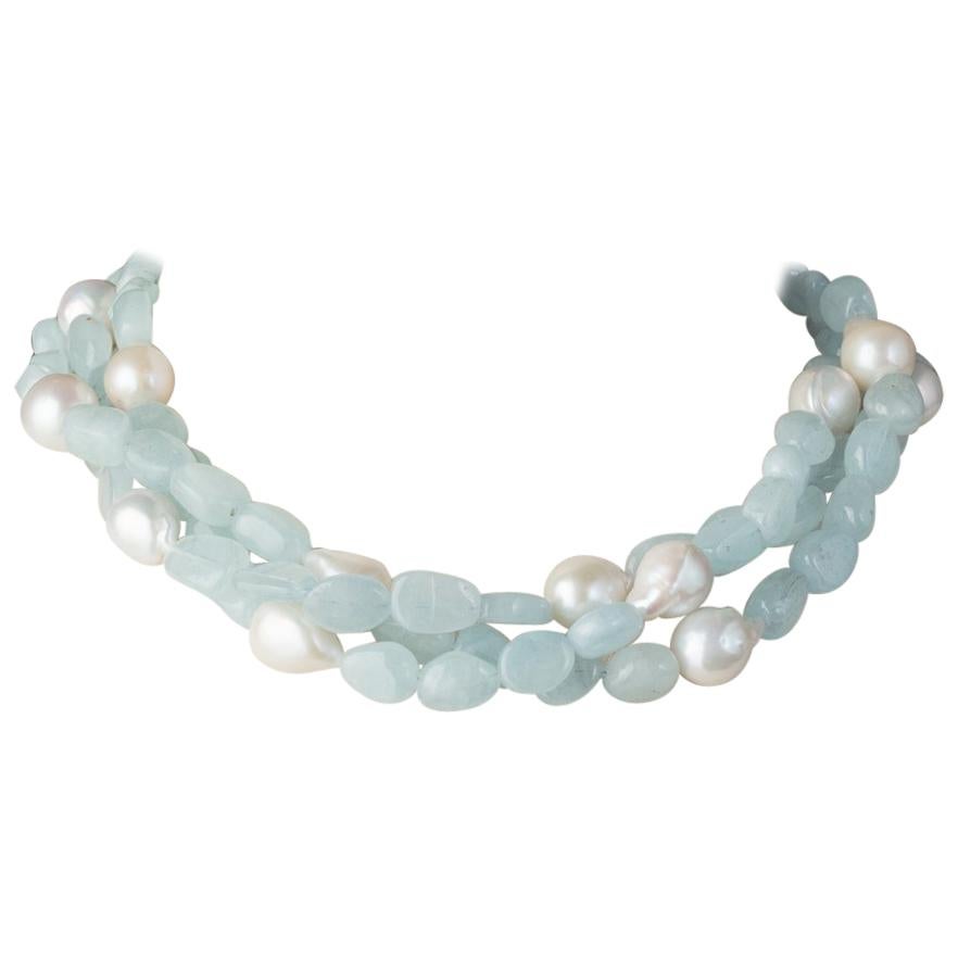 Tumbled Aquamarine Baroque Pearl Beaded Necklace by Deborah Lockhart ...