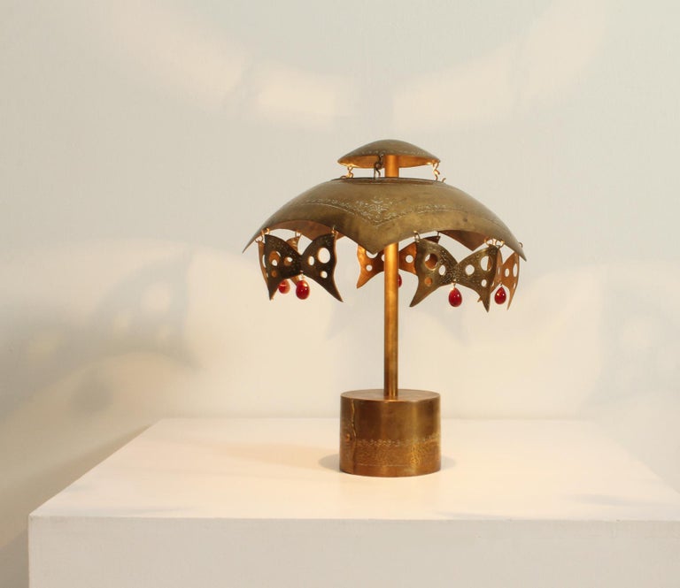 Turkish Brass Table Lamp with Masks from 1950's For Sale at 1stDibs