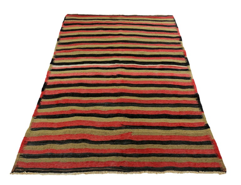 Turkish Kilim Rug with Black and Red Tribal Stripes on Gold Field For ...