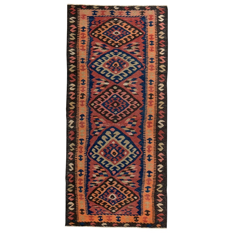 Turkish Kilim Runner Rug with Tribal Details in Red, Blue and Orange at ...
