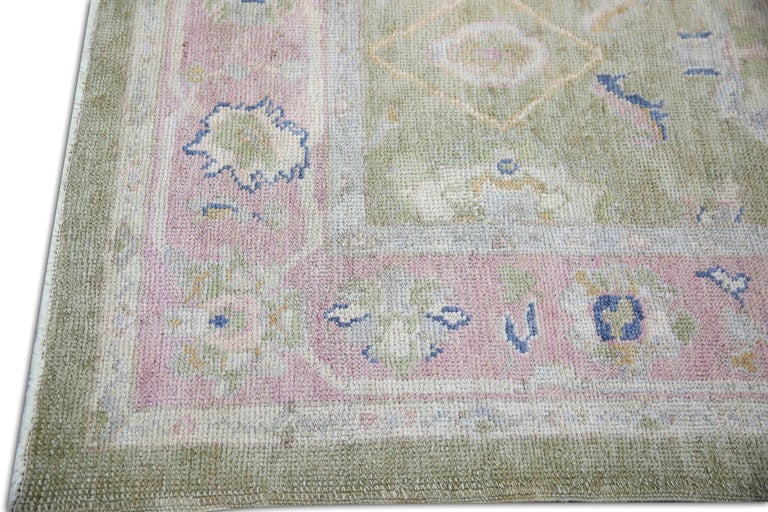 Olive Green and Pink Floral Design Handwoven Wool Turkish Oushak Rug 4 ...
