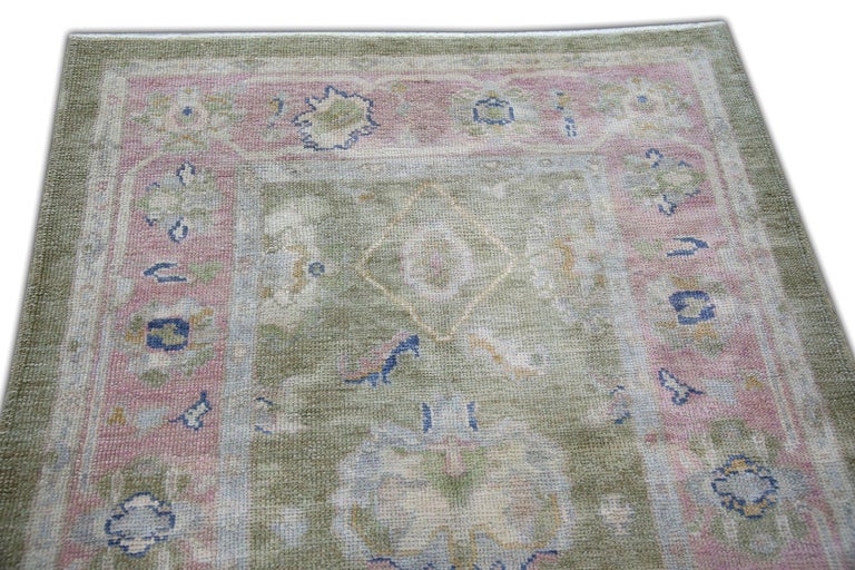 Olive Green and Pink Floral Design Handwoven Wool Turkish Oushak Rug 4 ...