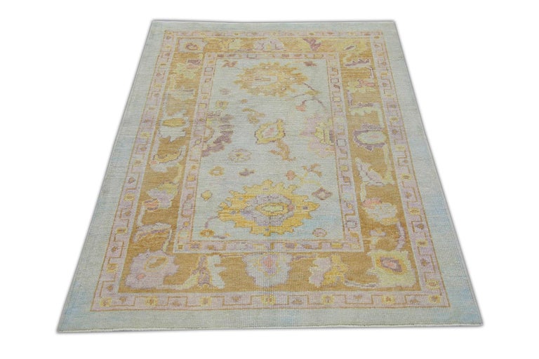 Baby Blue Floral Handwoven Wool Turkish Oushak Rug 4'1" x 5'3" For Sale ...