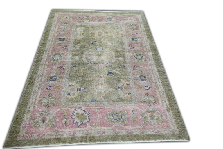 Olive Green and Pink Floral Design Handwoven Wool Turkish Oushak Rug 4 ...