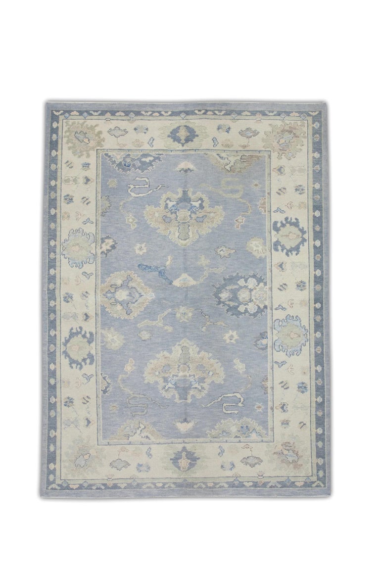 Handwoven Wool Floral Design Turkish Oushak Rug in Periwinkle Blue 5'11 ...