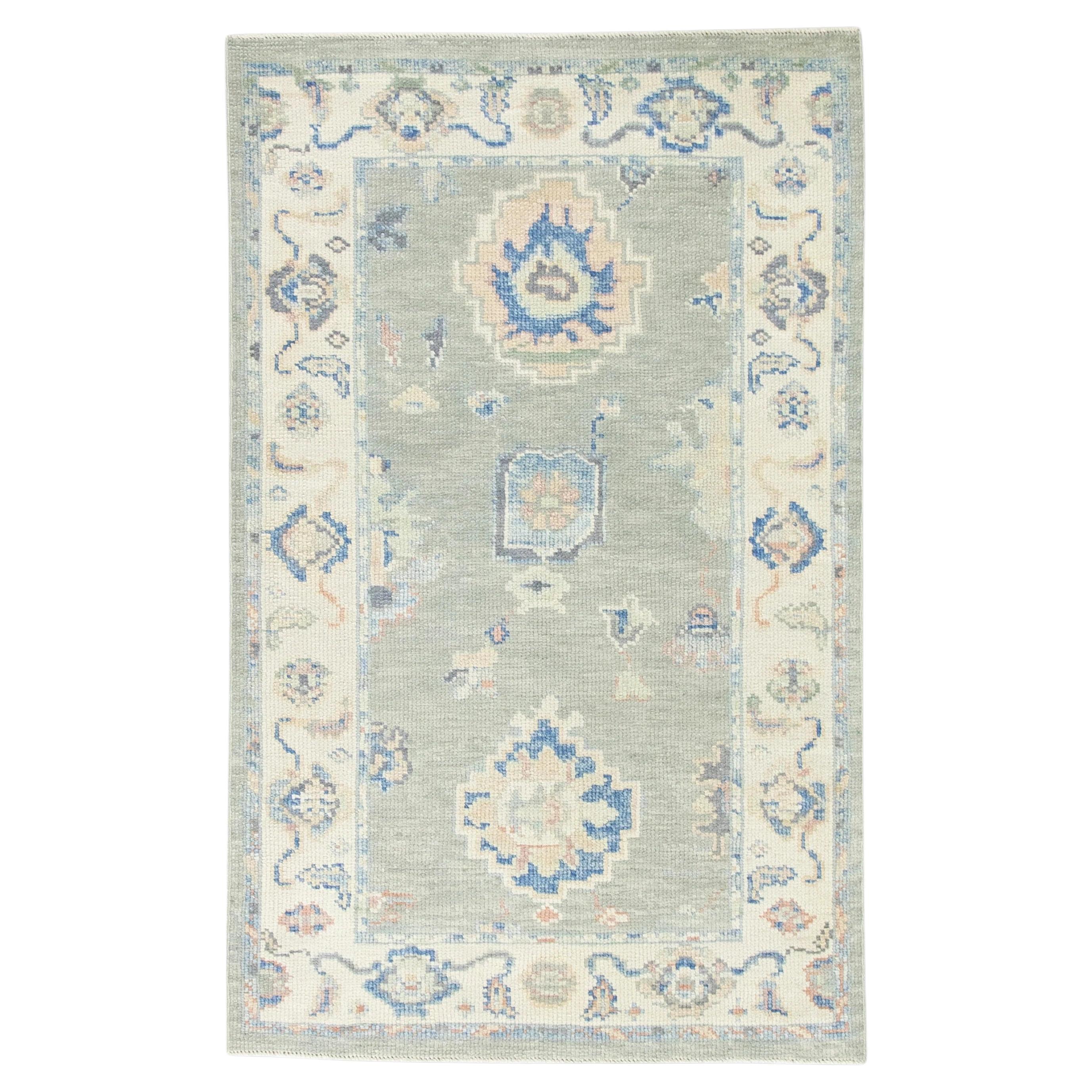 Blue and Green Floral Handwoven Wool Turkish Oushak Rug 4'10" x 7' For ...