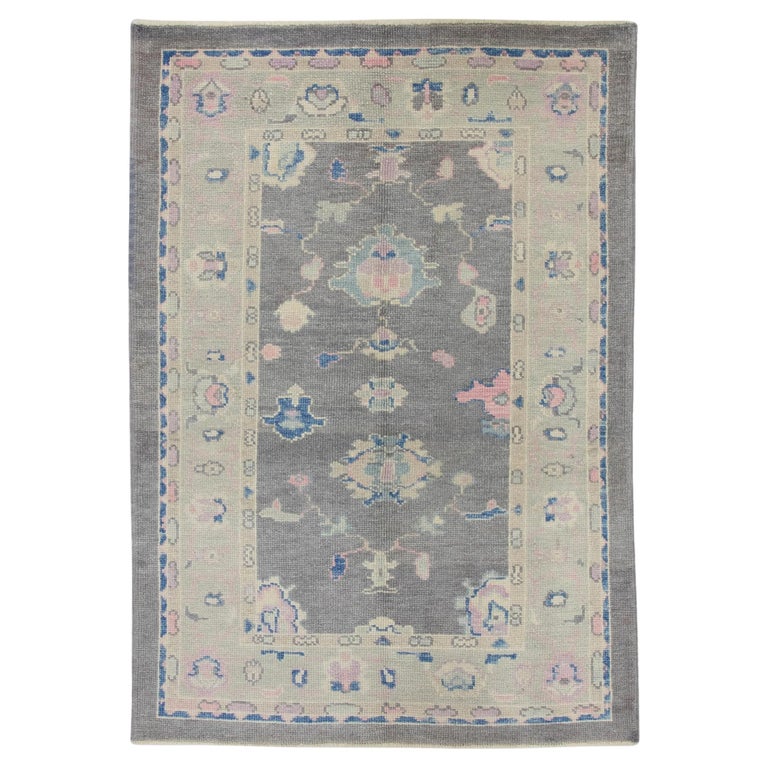 Dark Mauve Handwoven Wool Turkish Oushak Rug in Colorful Floral Design ...