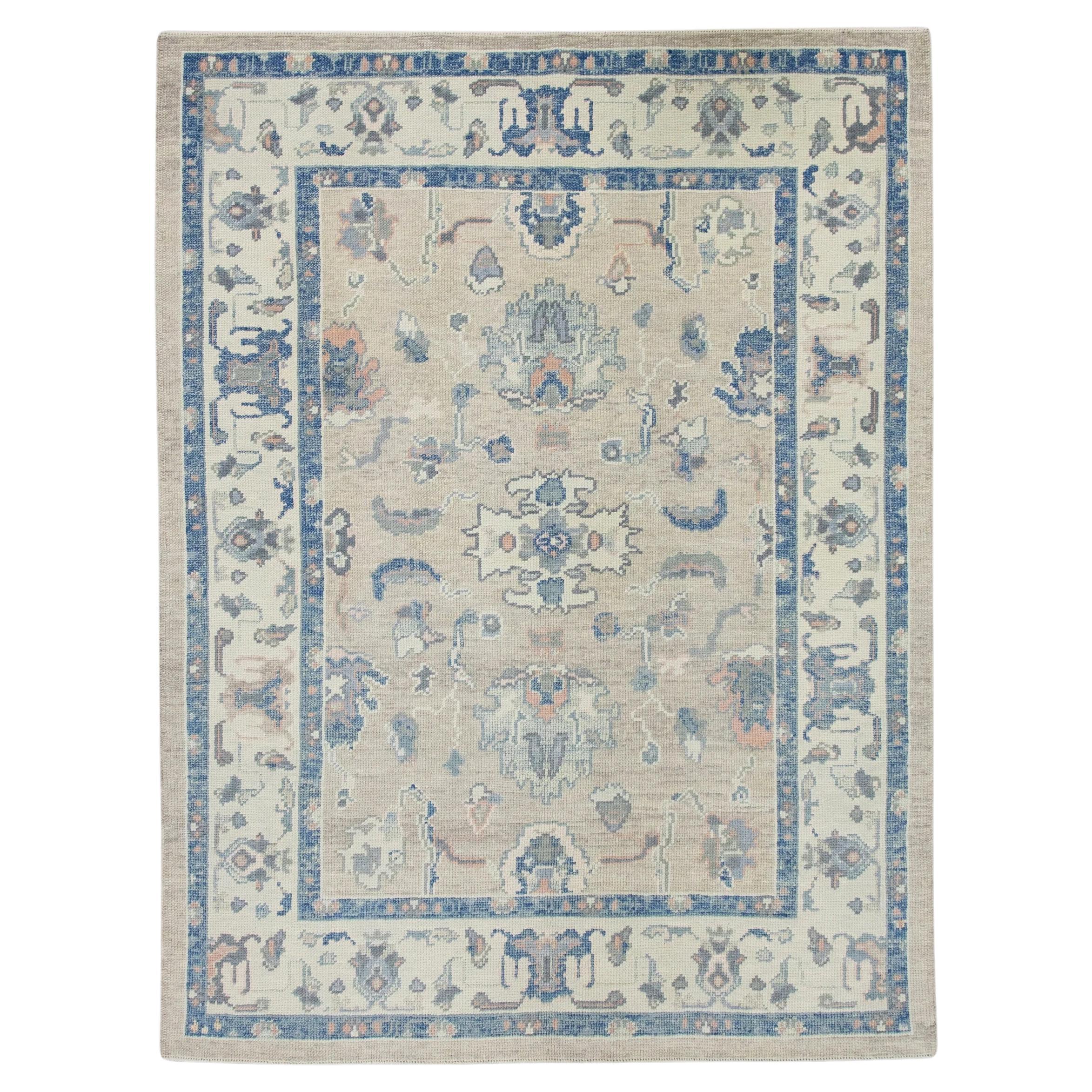 Floral Handwoven Wool Turkish Oushak Rug with Soft Green Border 2'5" x ...