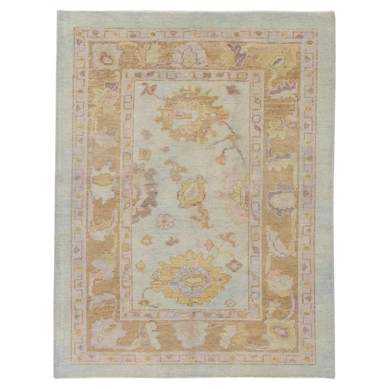 Baby Blue Floral Handwoven Wool Turkish Oushak Rug 4'1" x 5'3" For Sale ...