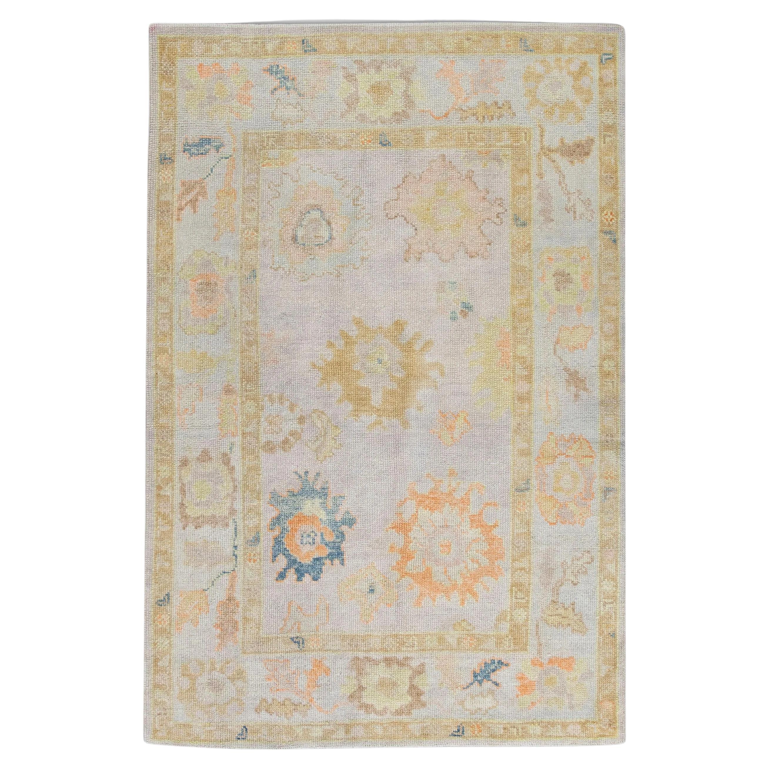 Pastel Purple Colorful Floral Design Handwoven Wool Turkish Oushak Rug ...