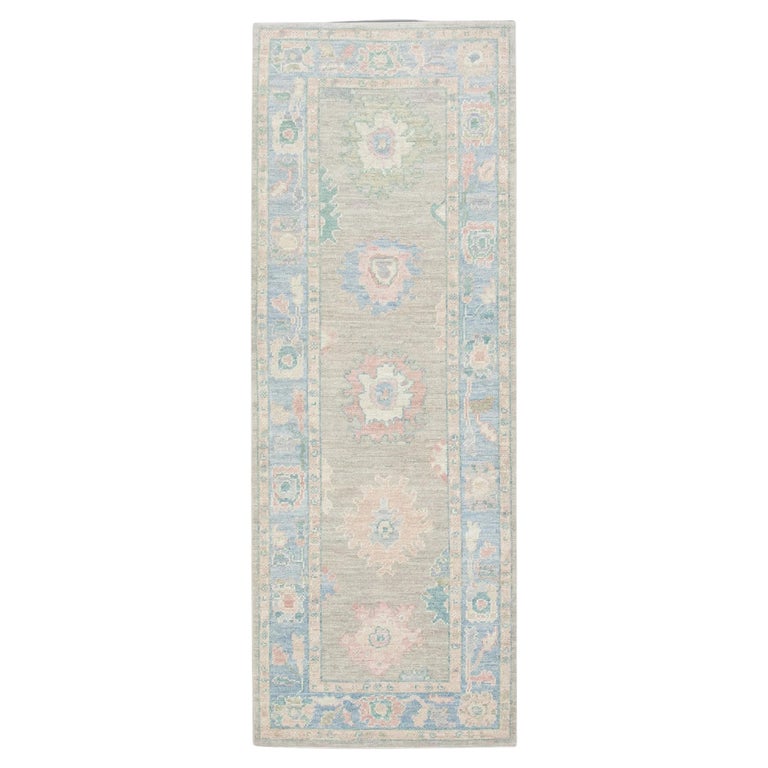 Soft Blue Handwoven Wool Turkish Oushak Rug Colorful Floral Design 3'2 ...