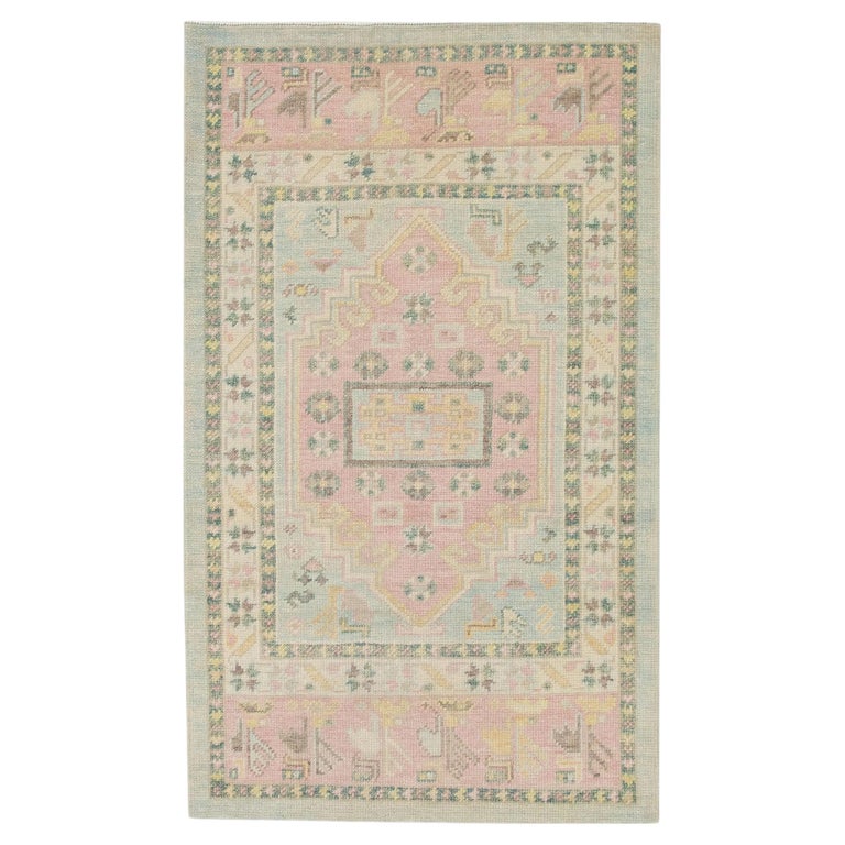 Green/Pink Handwoven Wool Floral Turkish Oushak Rug 3' x 4'6