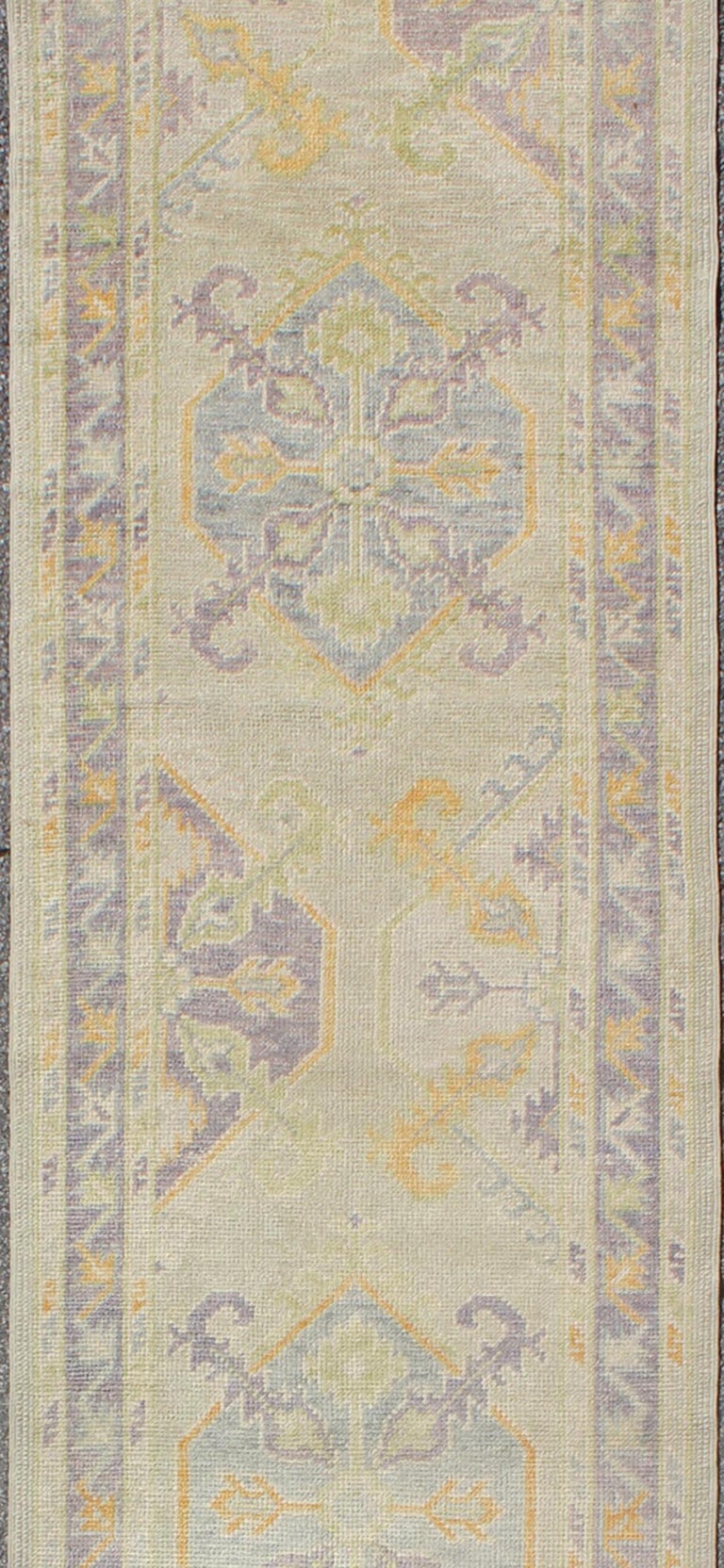 Turkish Oushak Runner with a Tribal Design in Purple, Blue and L.Green ...