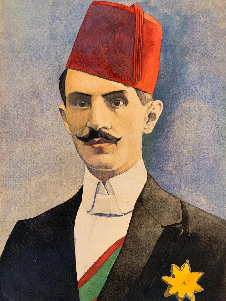 Turkish Portrait of Suited Man With Fez Watercolor Painting, Early 20th ...