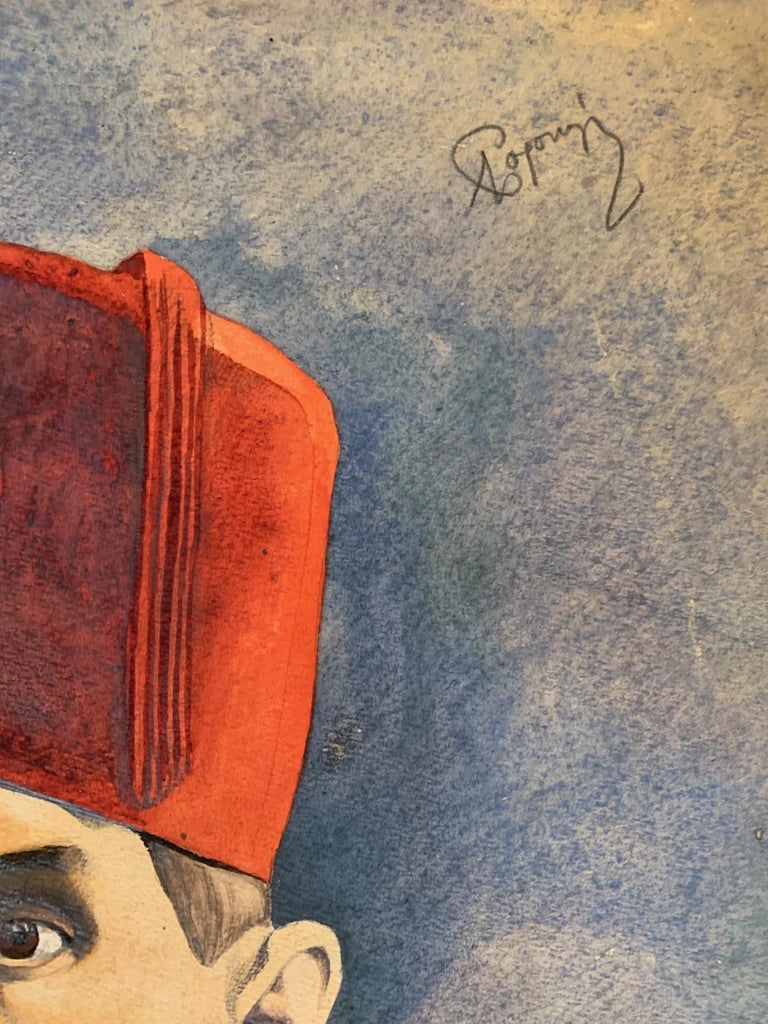 Turkish Portrait of Suited Man With Fez Watercolor Painting, Early 20th ...