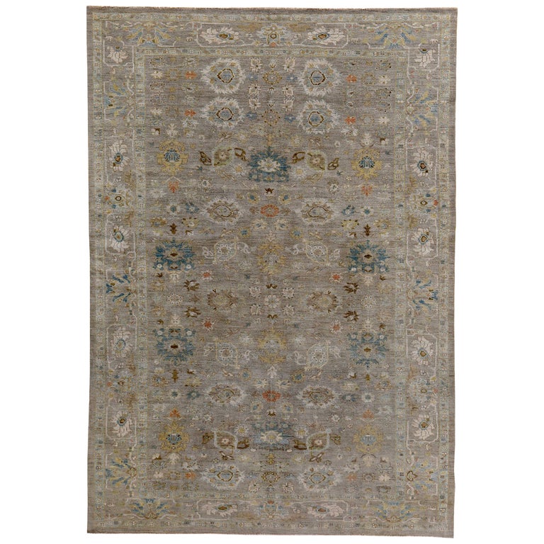 Turkish Rug Sultanabad Style with White and Blue Botanical Details on ...