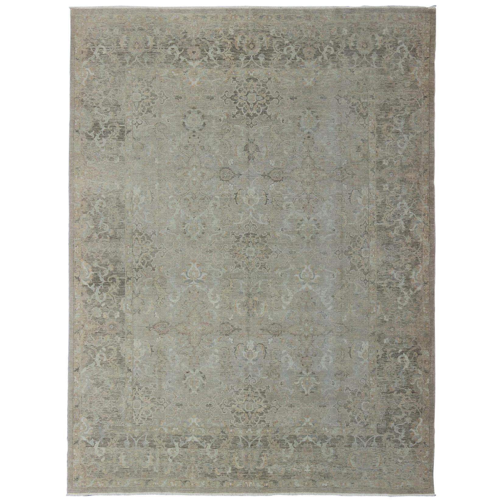 Muted Vintage Turkish Rug in Cream, Gray, Camel and Light Brown Colors ...