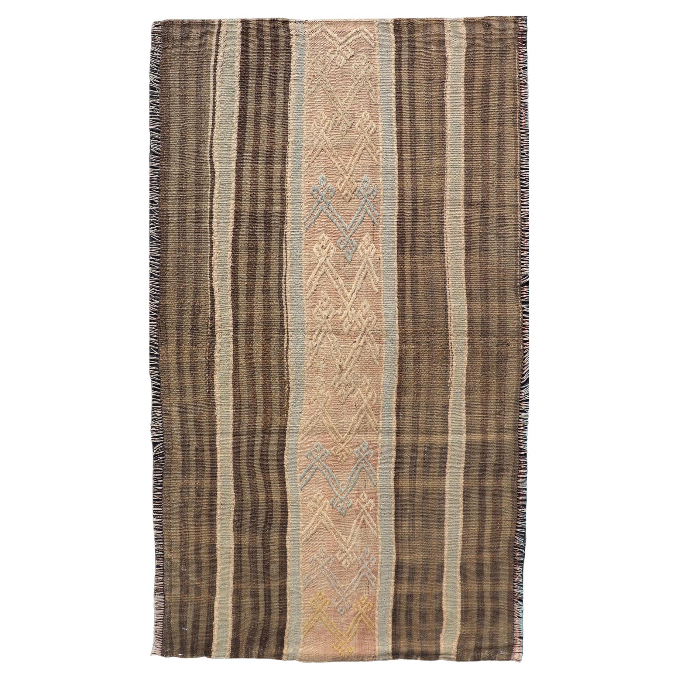 Stripe Design Turkish Vintage Flat-Weave Rug in Light Green, Purple ...