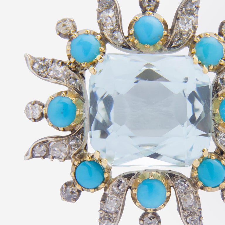 Turn of the Century, Aquamarine, Turquoise and Diamond Brooch Pin For ...