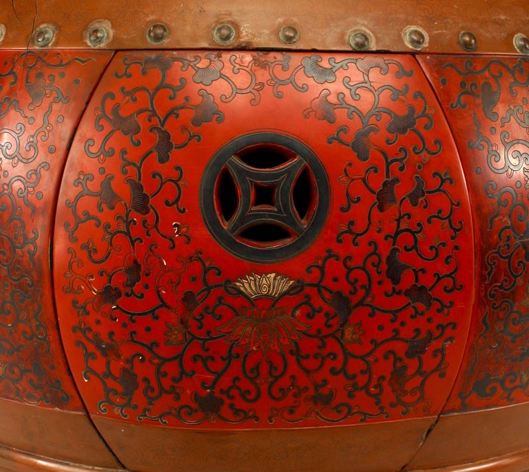 Asian Chinese Style Red Coromandel Drum Coffee Table For Sale at 1stDibs