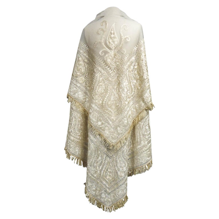 Turn-over shawl in Silk embroidered on Cotton Net - Circa 1840 at 1stDibs
