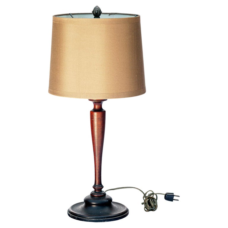 Turned Hardwood Candlestick Lamp w/RH Silk Shade For Sale at 1stDibs