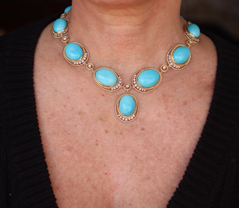 Turquoise 18 Karat Yellow Gold Diamonds Choker Necklace For Sale at 1stDibs