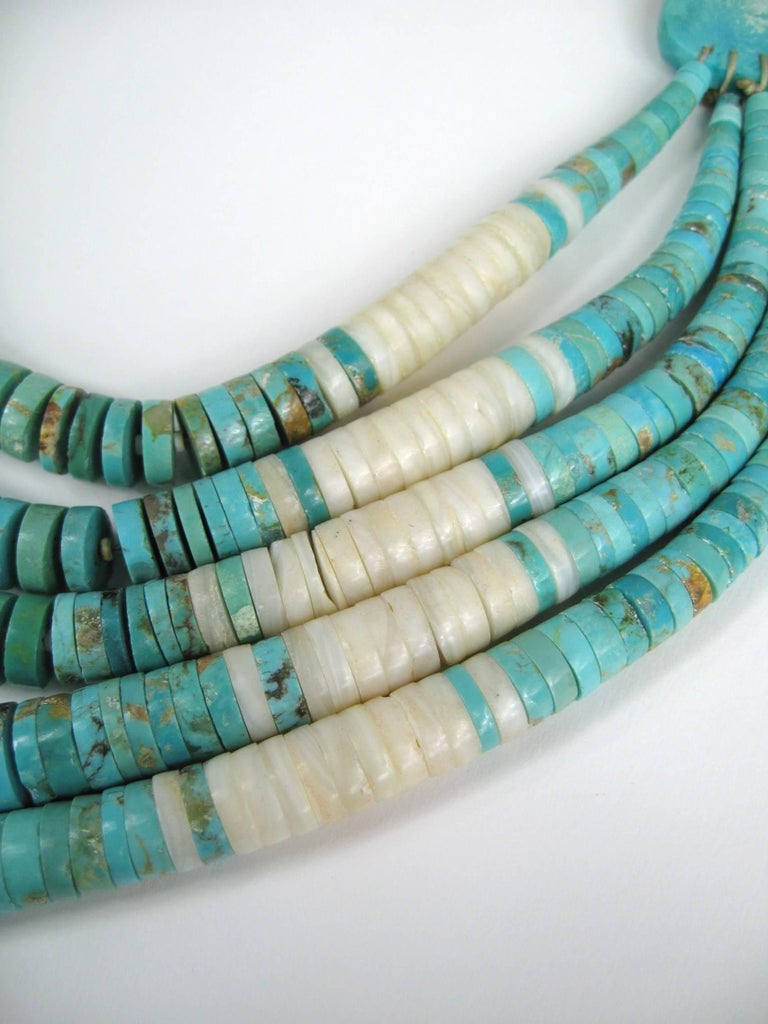 Turquoise 5 Strand Heishi Sterling Silver Clam Shell Necklace Native ...
