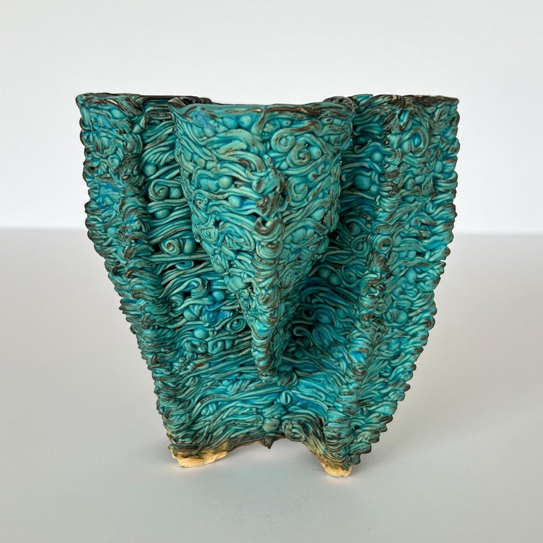 Turquoise and Bronze Glazed Coiled Porcelain Vase at 1stDibs