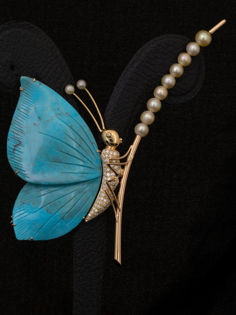 Turquoise and Certified Natural Pearls Brooch in 18k Yellow Gold with ...