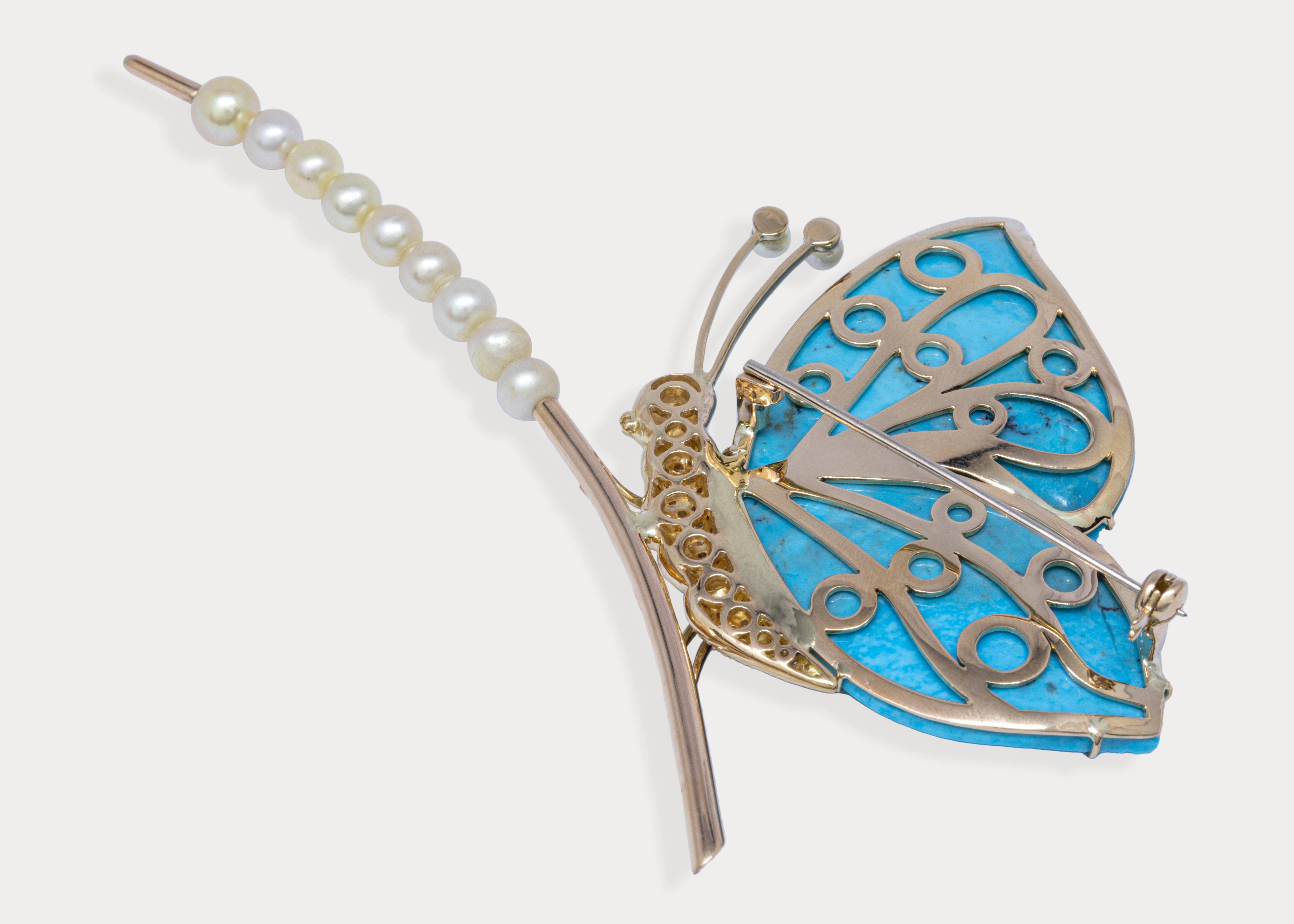 Turquoise and Certified Natural Pearls Brooch in 18k Yellow Gold with ...