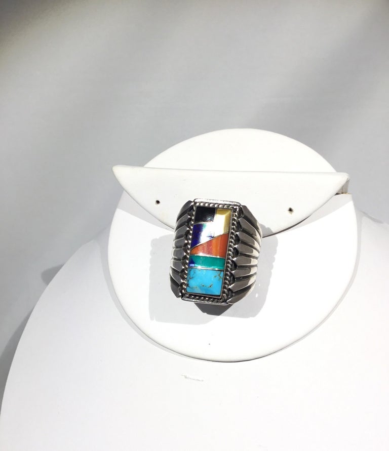 Turquoise and Coral Inlay Native American Sterling Silver Ring at 1stDibs