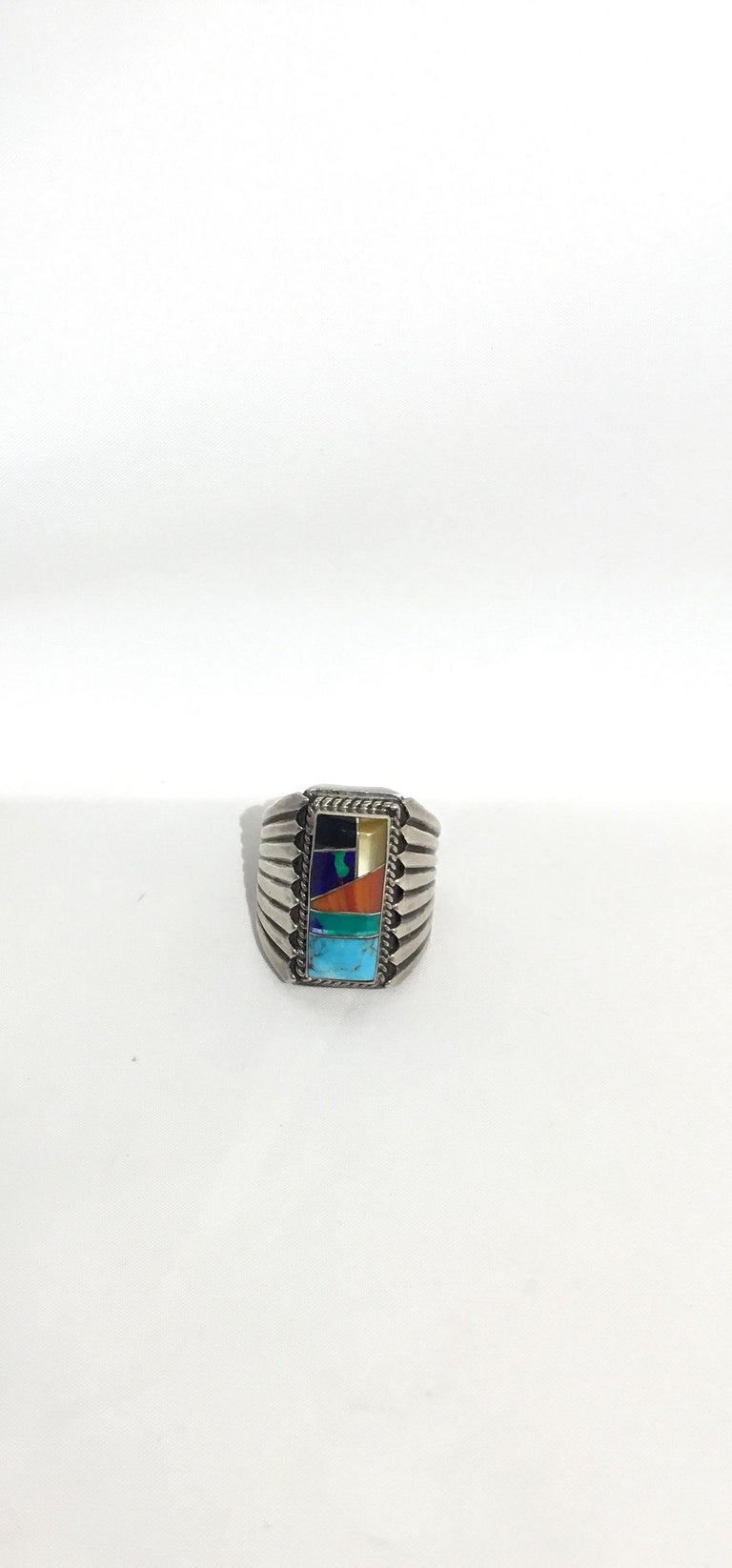 Turquoise and Coral Inlay Native American Sterling Silver Ring at 1stDibs
