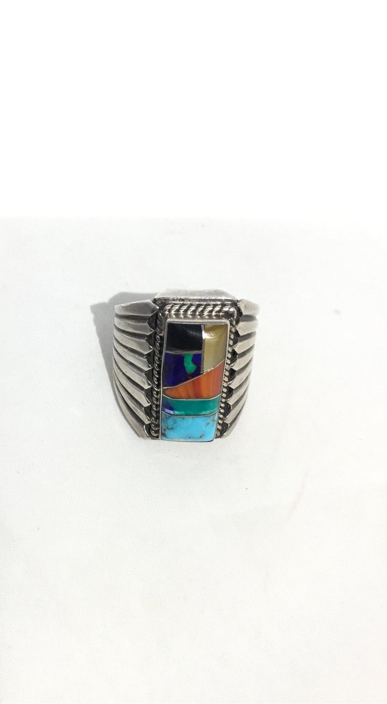 Turquoise and Coral Inlay Native American Sterling Silver Ring at 1stDibs