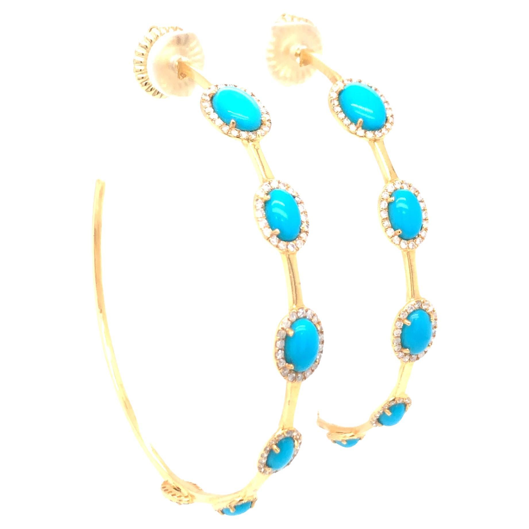 Turquoise and 18K Yellow Gold Hoop Earrings For Sale at 1stDibs