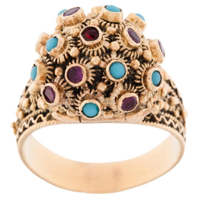 Turquoise and Ruby Stone, 19KT Yellow Gold Ring For Sale at 1stDibs