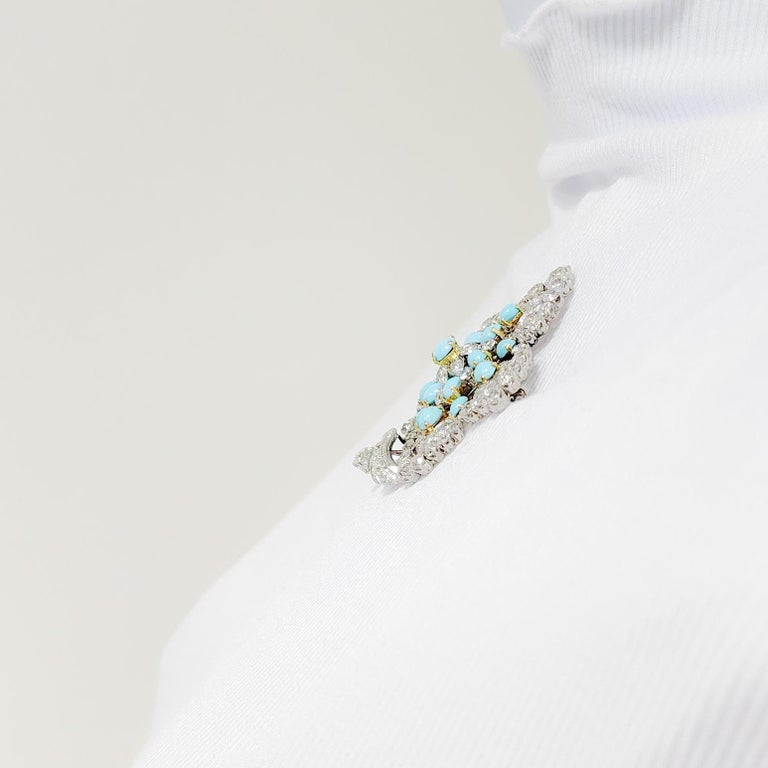 Turquoise and White Diamond Brooch in 18k Yellow and White Gold For ...