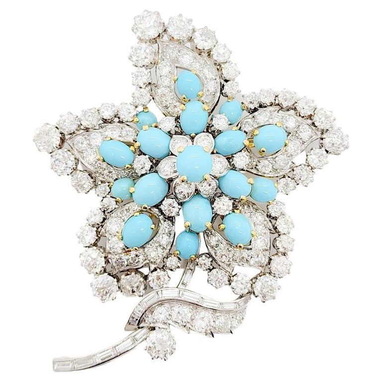 Turquoise and White Diamond Brooch in 18k Yellow and White Gold For ...